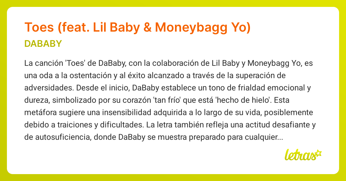 Significado de la canción Toes (feat. Lil Baby & Moneybagg Yo) (DABABY ...