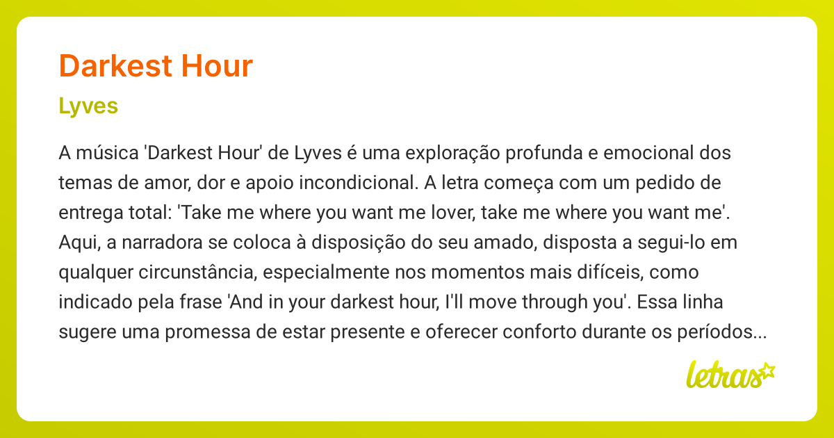 Significado da música DARKEST HOUR (Lyves) - LETRAS.MUS.BR