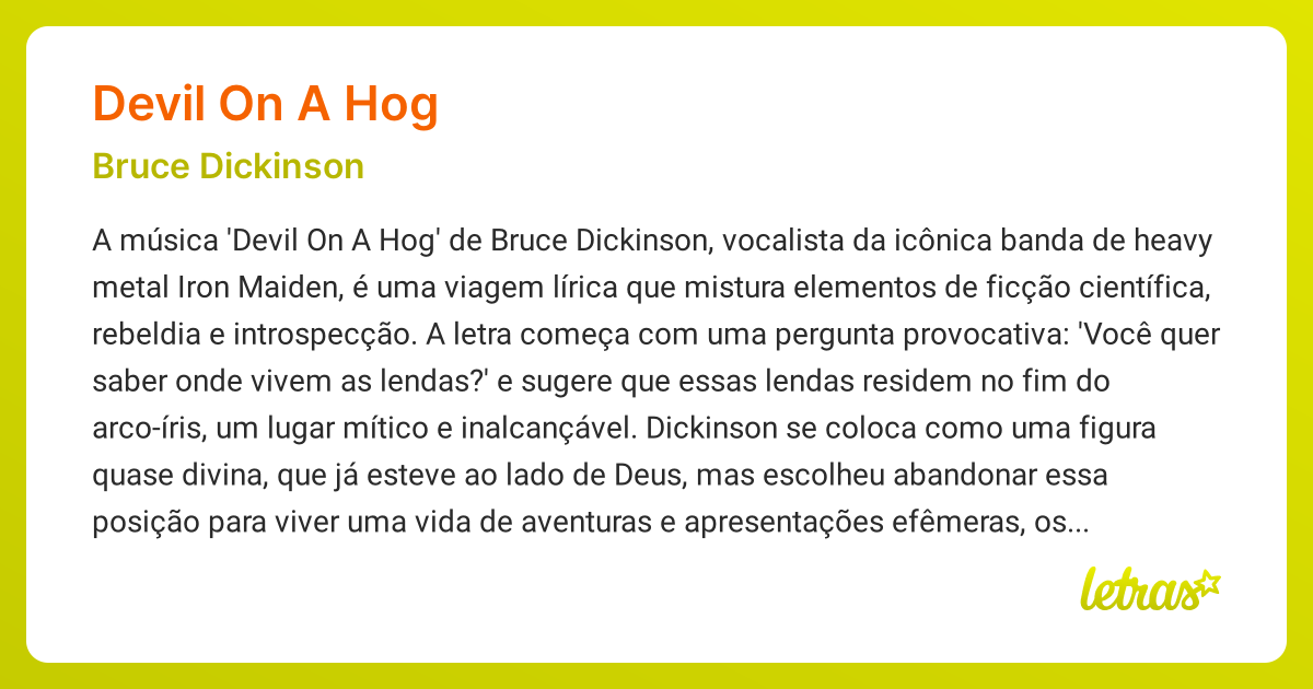 Significado da música DEVIL ON A HOG (Bruce Dickinson) - LETRAS.MUS.BR