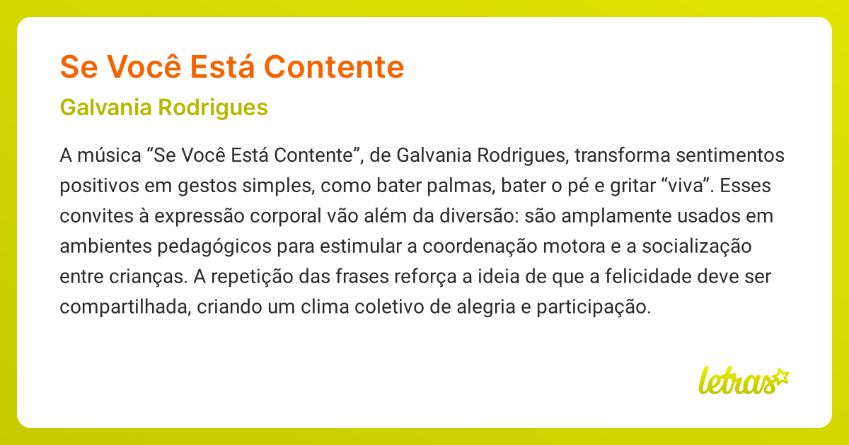 Significado da música SE VOCÊ ESTÁ CONTENTE (Galvania Rodrigues ...