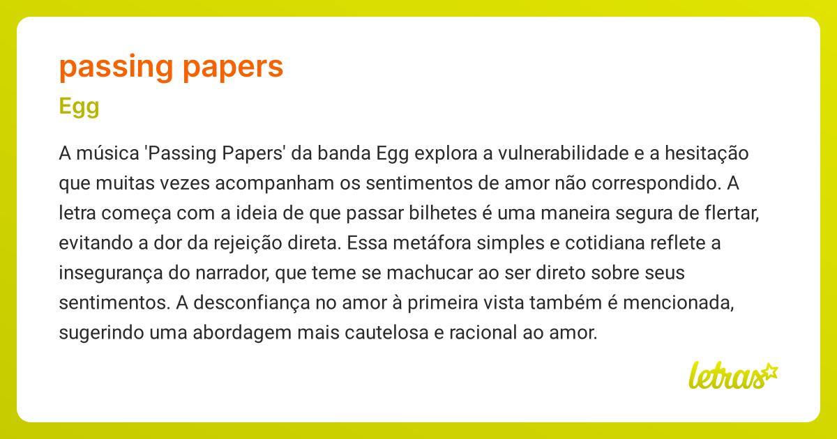 Significado da música PASSING PAPERS (Egg) - LETRAS.MUS.BR