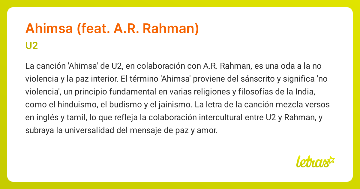 Significado de la canción AHIMSA (FEAT. A.R. RAHMAN) (U2) - LETRAS.COM