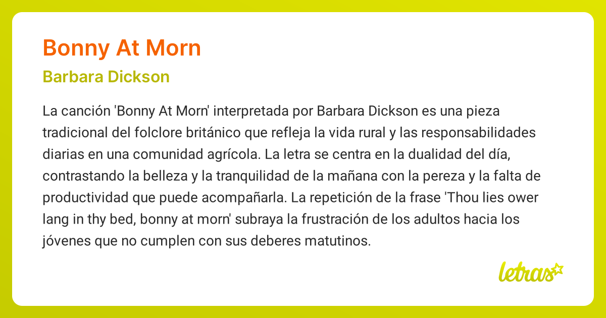 Significado de la canción BONNY AT MORN (Barbara Dickson) - LETRAS.COM