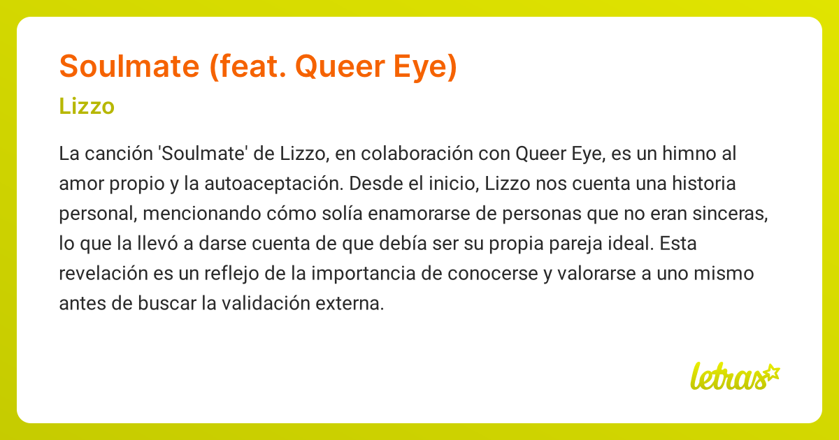 Significado de la canción SOULMATE (FEAT. QUEER EYE) (Lizzo) - LETRAS.COM