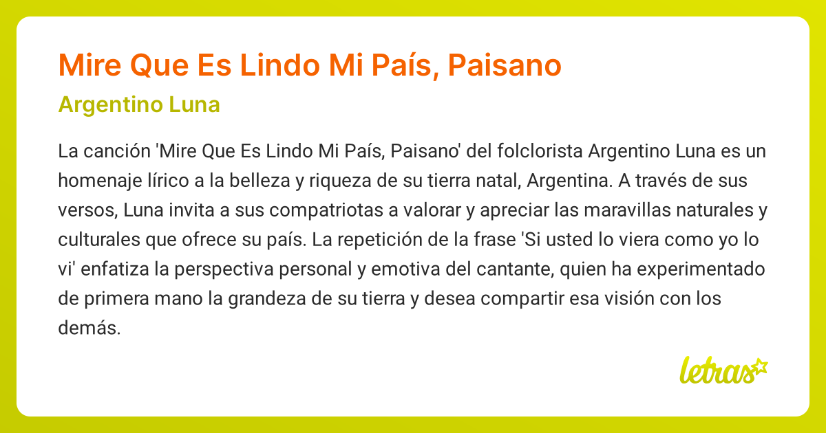 Significado de la canción Mire Que Es Lindo Mi País, Paisano (Argentino ...