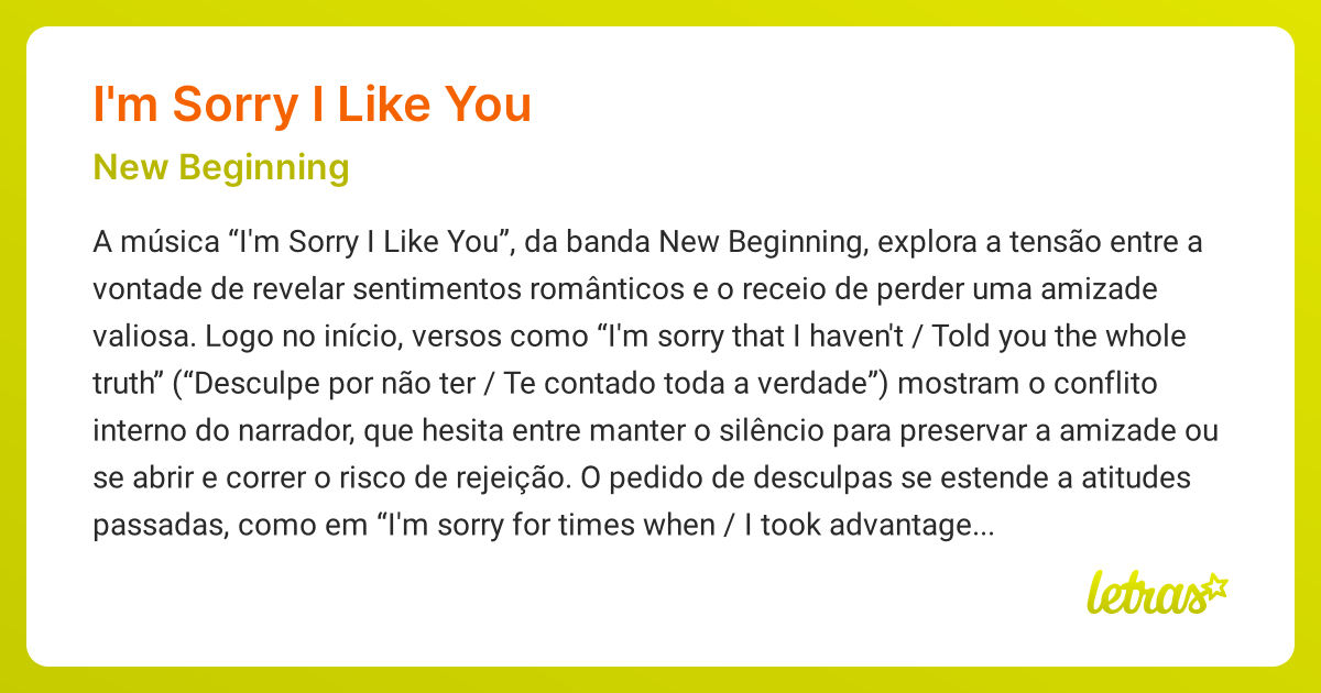 Significado da música I'M SORRY I LIKE YOU (New Beginning) - LETRAS.MUS.BR