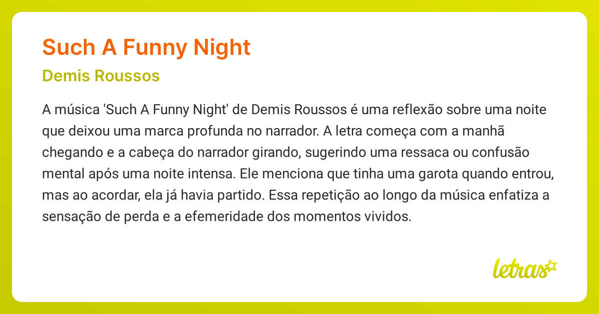 Significado da música SUCH A FUNNY NIGHT (Demis Roussos) - LETRAS.MUS.BR