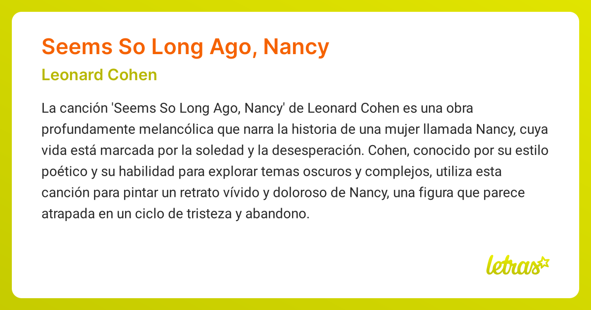 Significado de la canción SEEMS SO LONG AGO, NANCY (Leonard Cohen ...