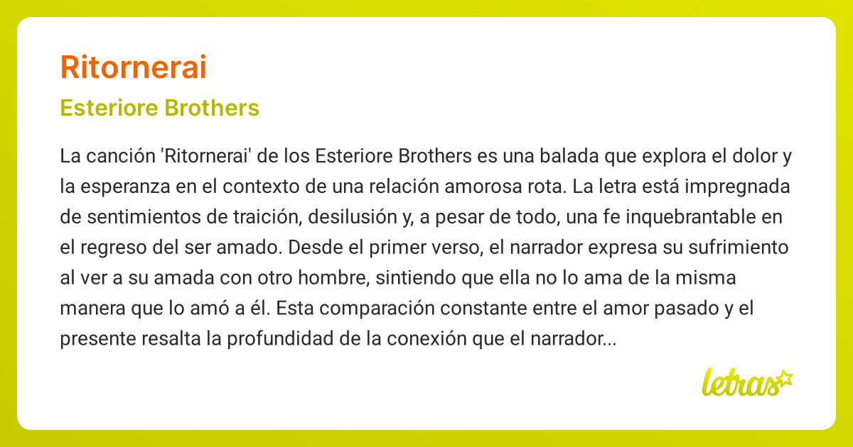 Significado de la canción RITORNERAI (Esteriore Brothers) - LETRAS.COM