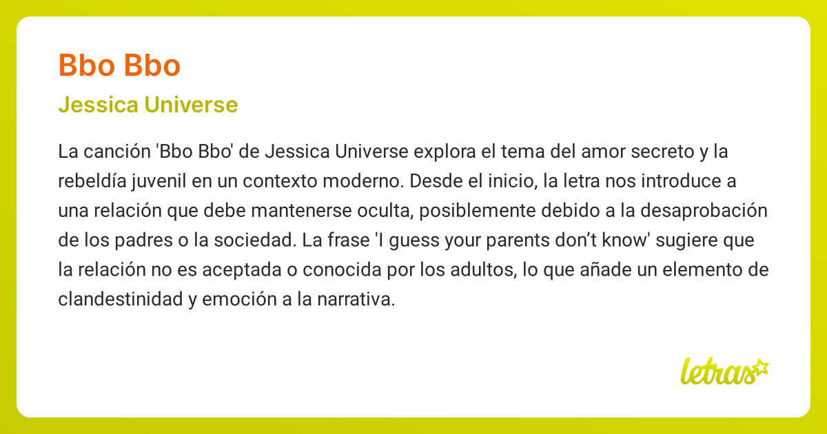 Significado de la canción BBO BBO (Jessica Universe) - LETRAS.COM