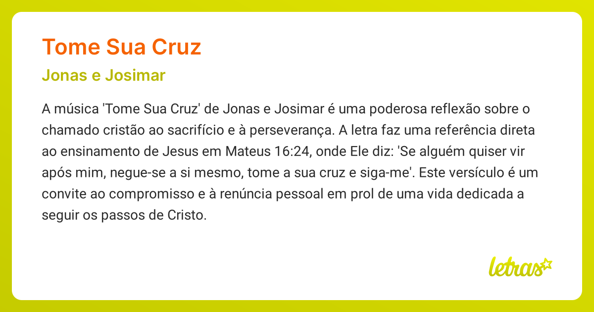 Significado da música TOME SUA CRUZ (Jonas e Josimar) - LETRAS.MUS.BR