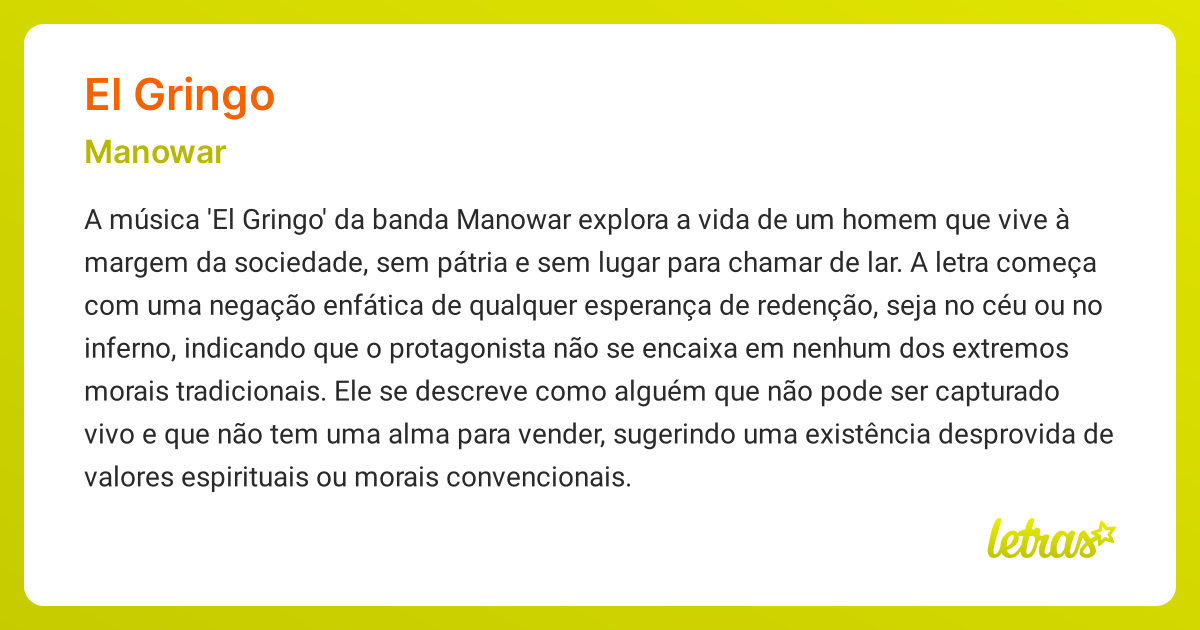 Significado da música EL GRINGO (Manowar) - LETRAS.MUS.BR