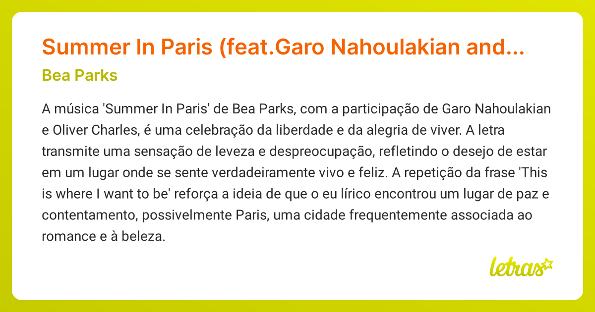 Significado da música Summer In Paris (feat.Garo Nahoulakian and Oliver ...