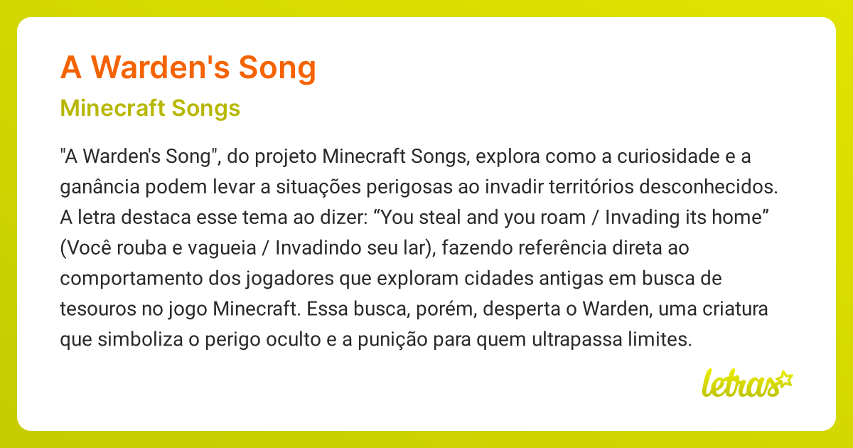 Significado da música A WARDEN'S SONG (Minecraft Songs) - LETRAS.MUS.BR