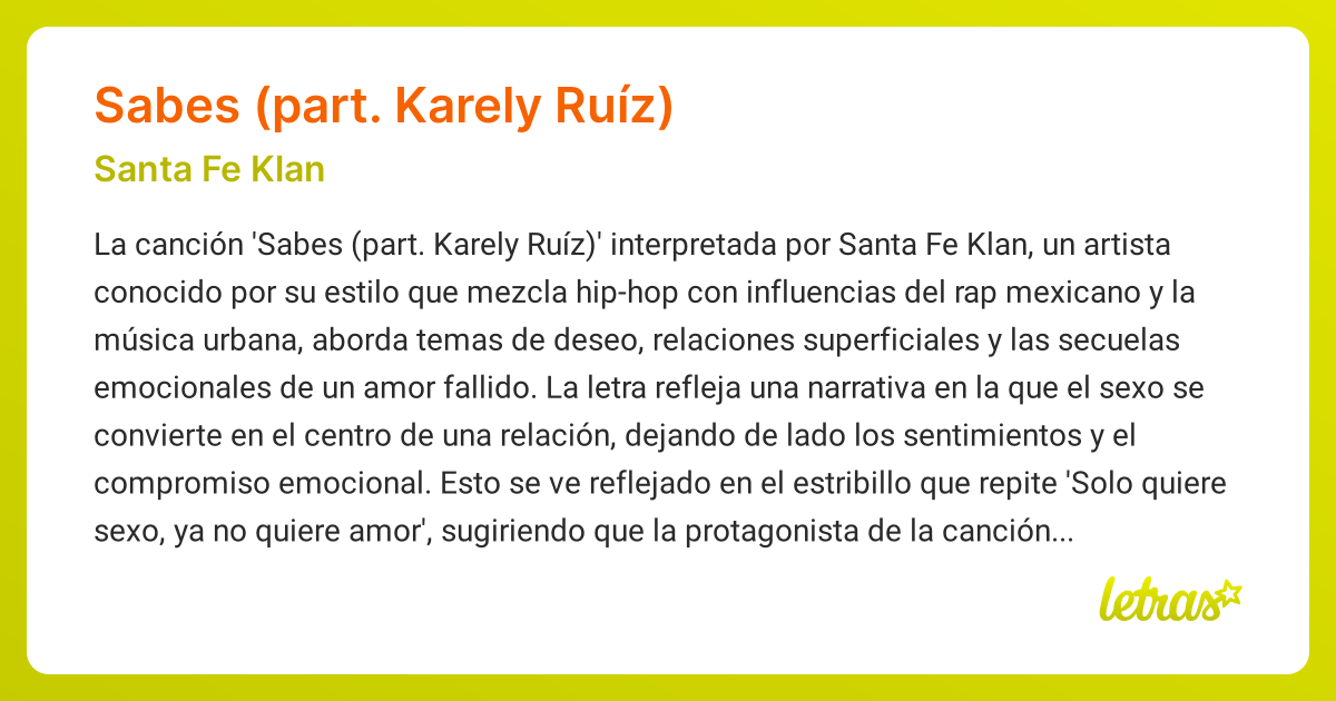 Significado de la canción SABES (PART. KARELY RUÍZ) (Santa Fe Klan ...