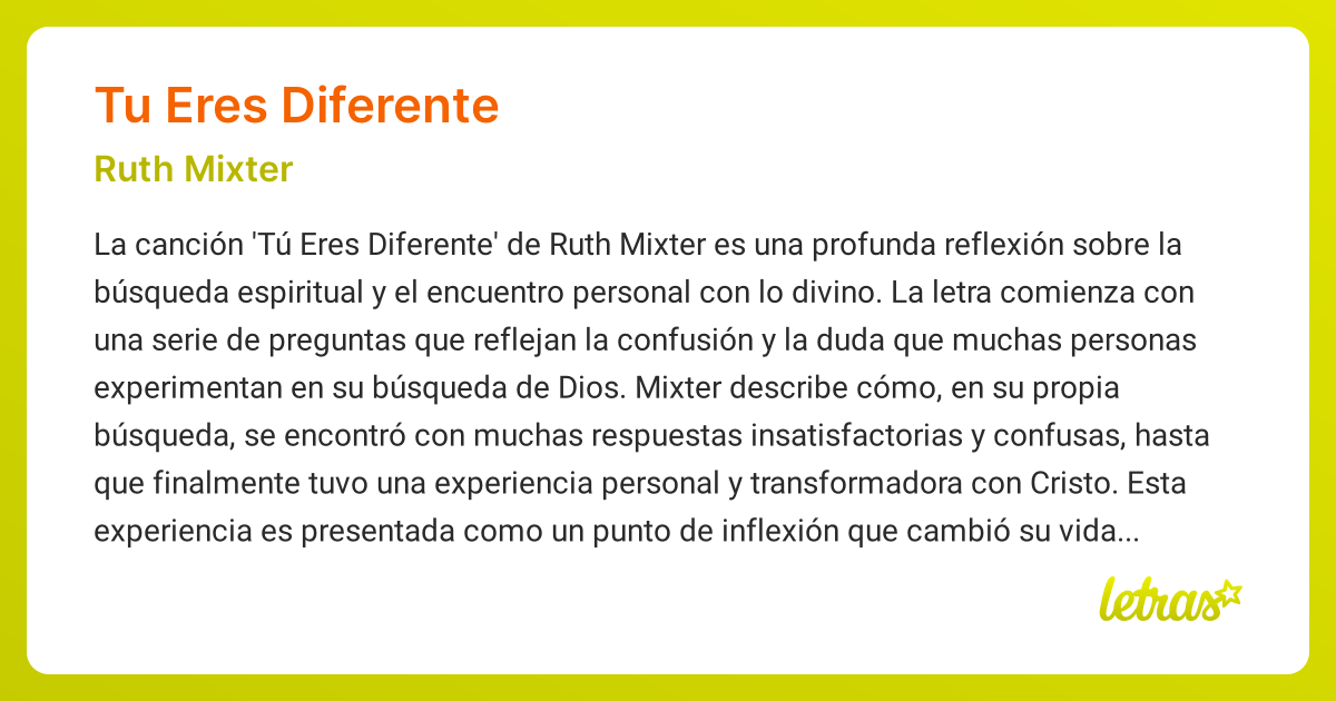 Significado de la canción TU ERES DIFERENTE (Ruth Mixter) - LETRAS.COM