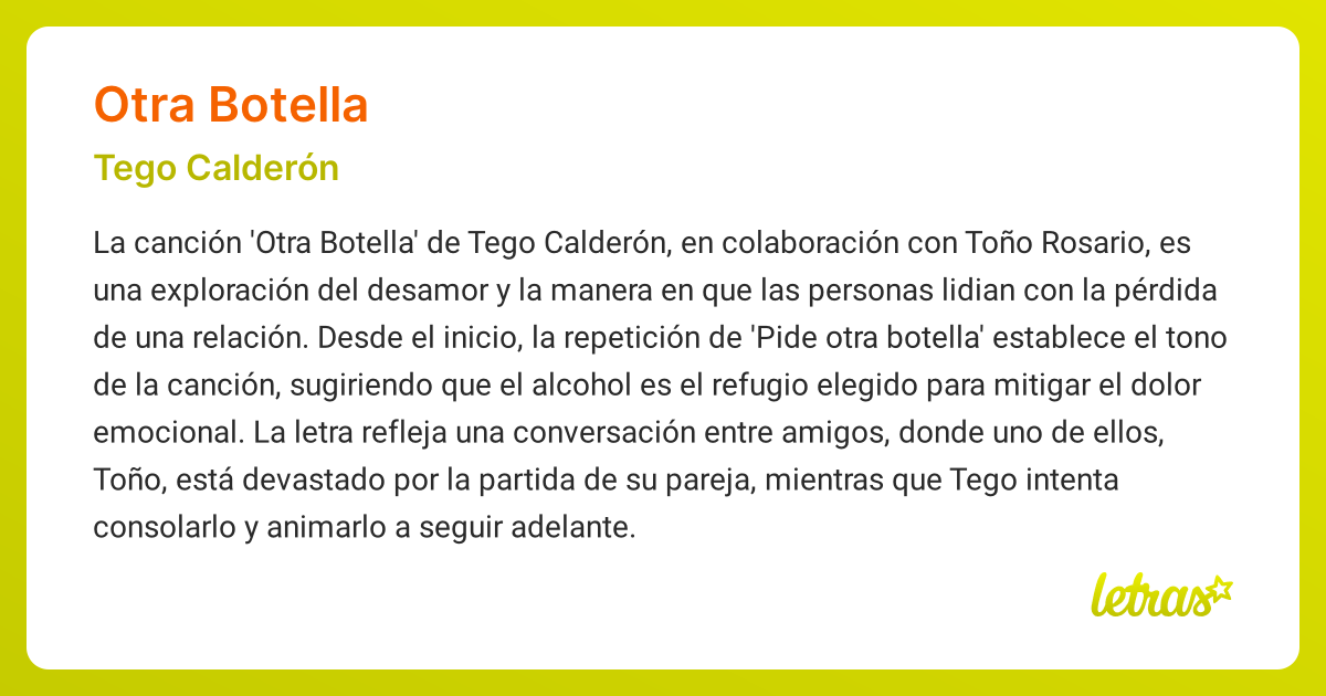 Significado de la canción OTRA BOTELLA (Tego Calderón) - LETRAS.COM