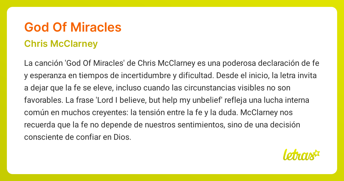Significado de la canción GOD OF MIRACLES (Chris McClarney) - LETRAS.COM