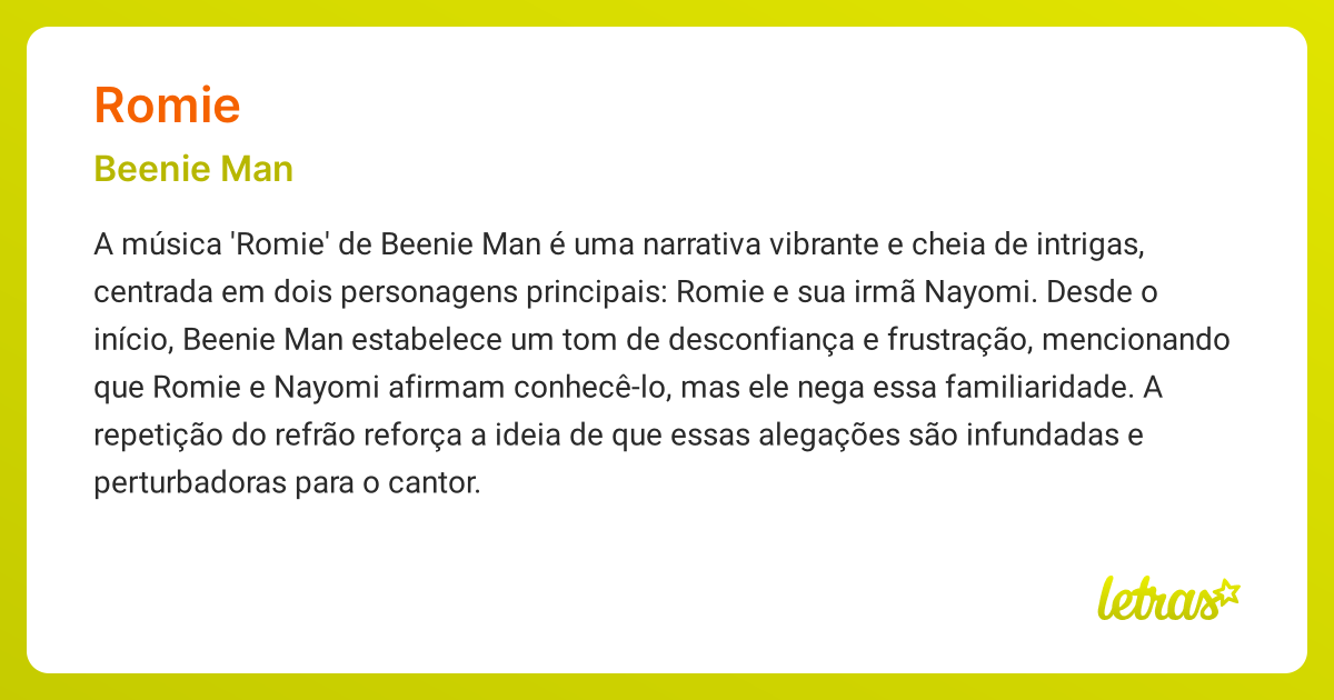 Significado da música ROMIE (Beenie Man) - LETRAS.MUS.BR