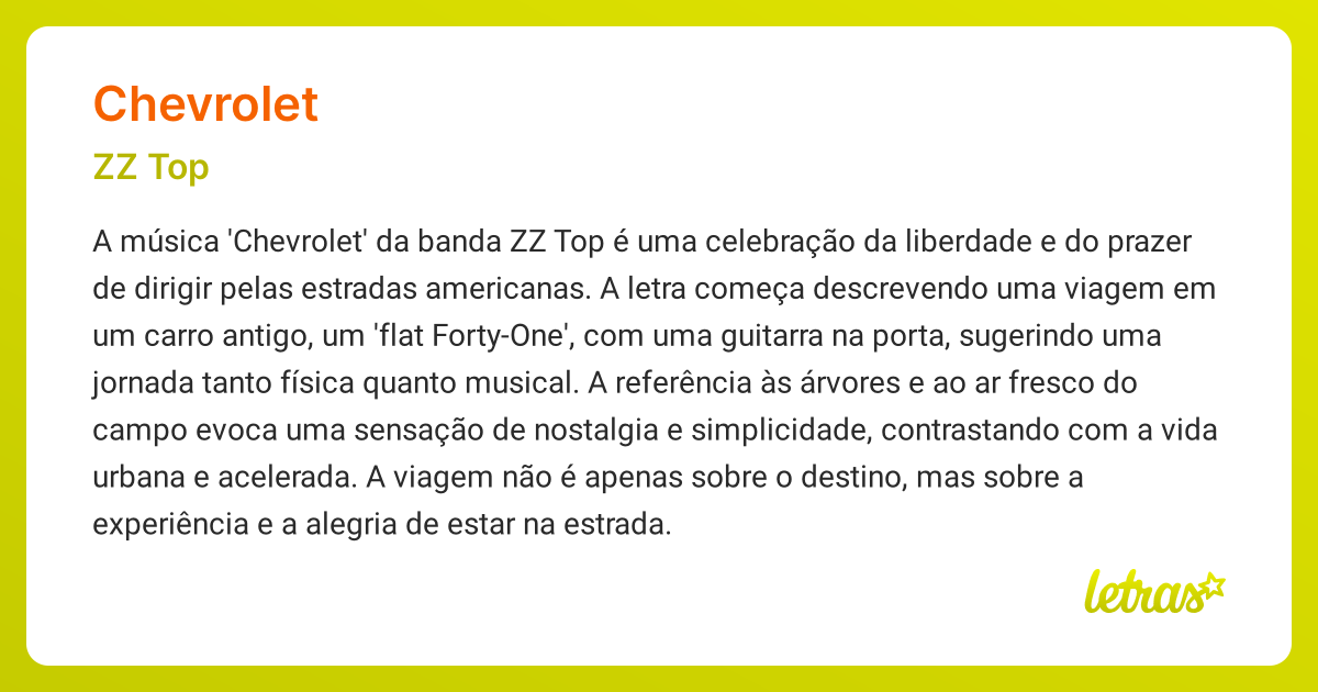 Significado da música CHEVROLET (ZZ Top) - LETRAS.MUS.BR