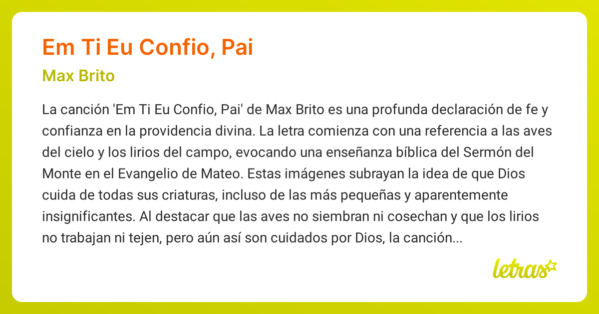 Significado de la canción EM TI EU CONFIO, PAI (Max Brito) - LETRAS.COM