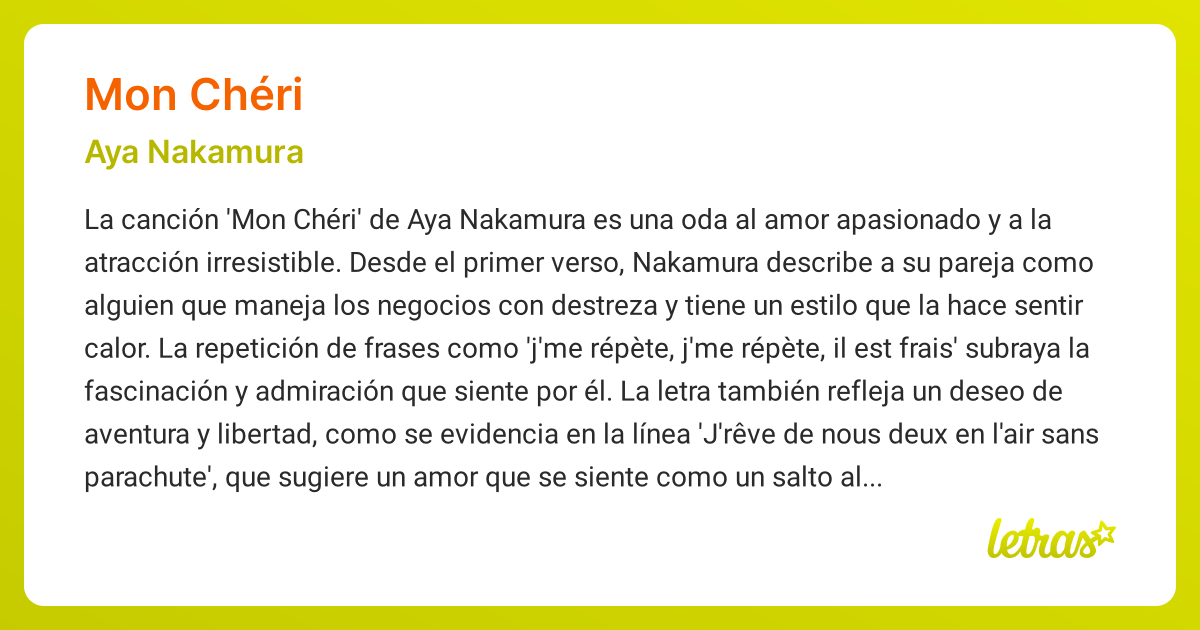 Significado de la canción MON CHÉRI (Aya Nakamura) - LETRAS.COM