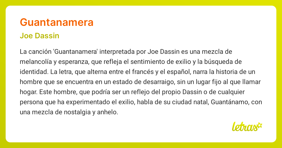 Significado de la canción GUANTANAMERA (Joe Dassin) - LETRAS.COM