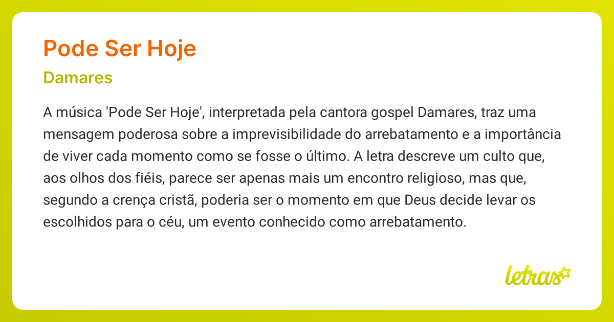 Significado da música PODE SER HOJE (Damares) - LETRAS.MUS.BR