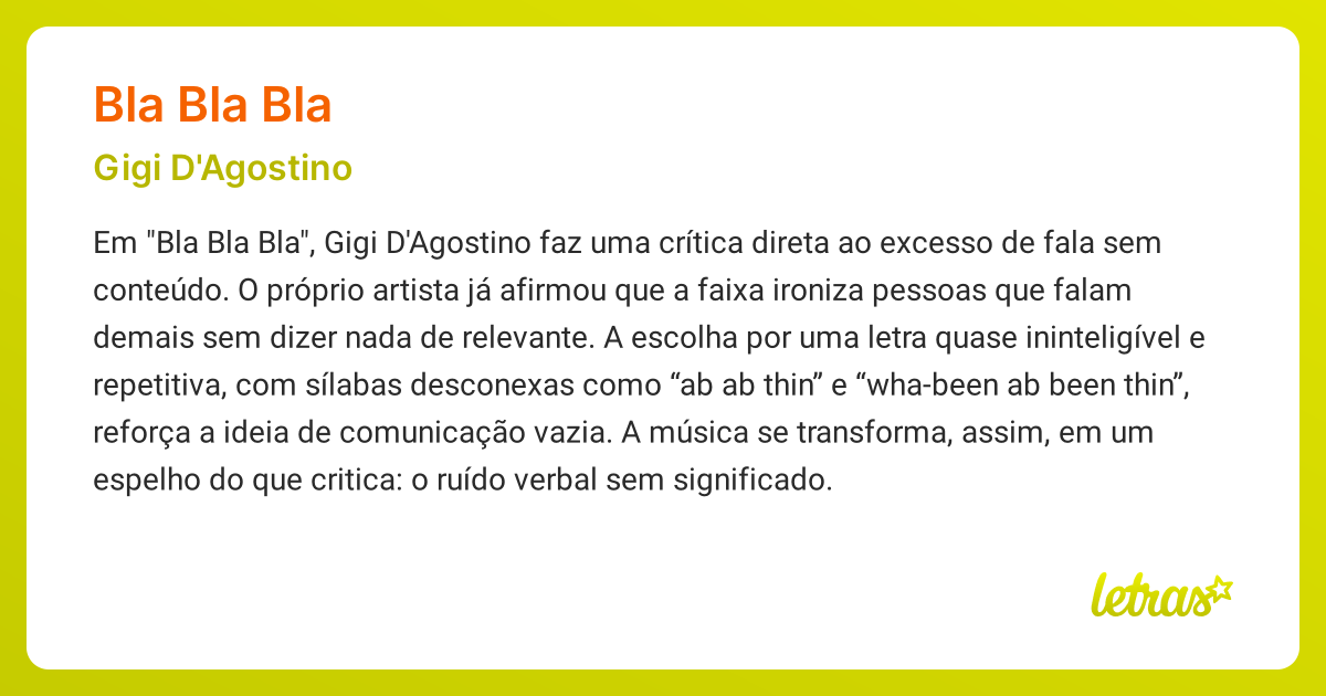 Significado da música BLA BLA BLA (Gigi D'Agostino) - LETRAS.MUS.BR
