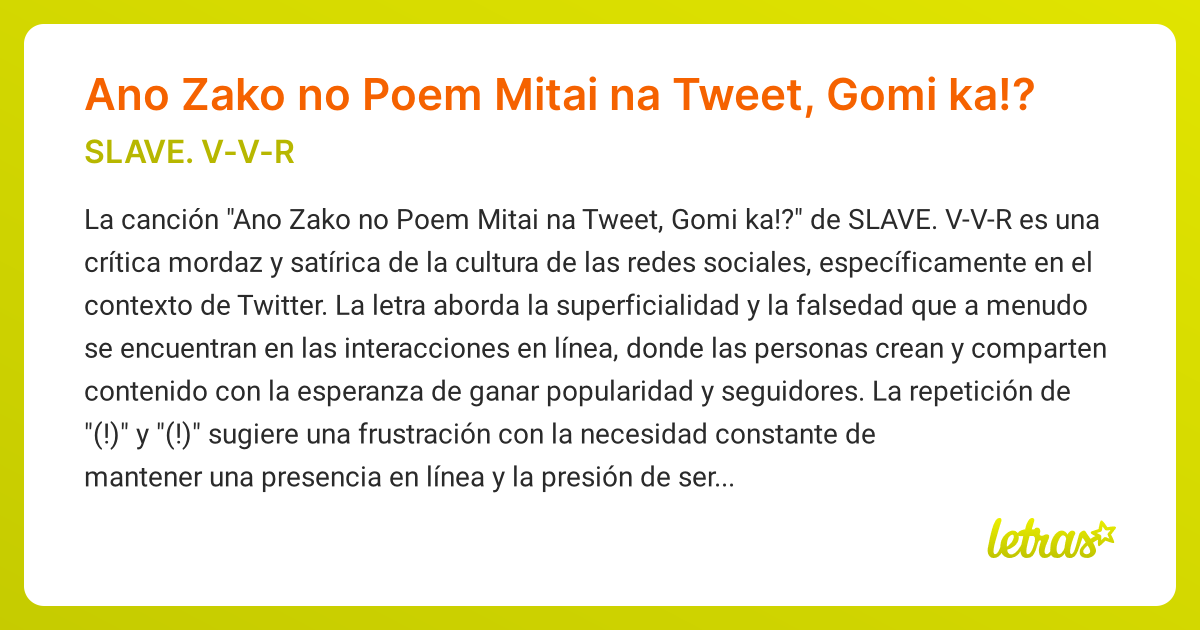 Significado de la canción Ano Zako no Poem Mitai na Tweet, Gomi ka ...