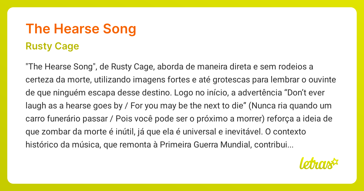 Significado da música THE HEARSE SONG (Rusty Cage) - LETRAS.MUS.BR