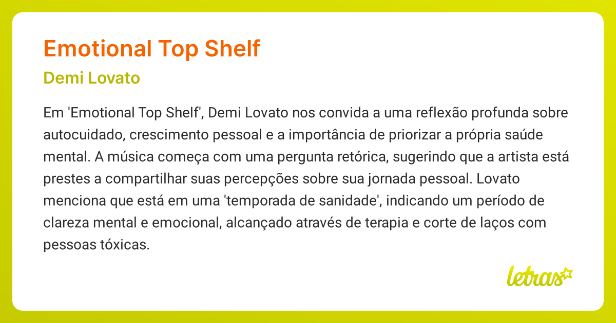 Significado da música EMOTIONAL TOP SHELF (Demi Lovato) - LETRAS.MUS.BR