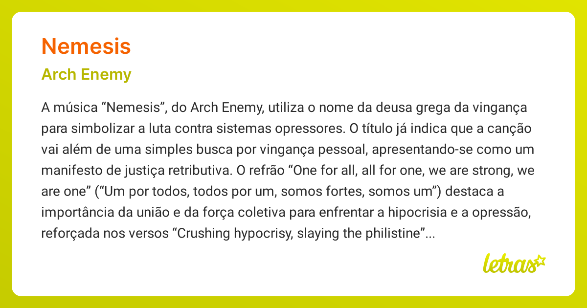 Significado da música NEMESIS (Arch Enemy) - LETRAS.MUS.BR