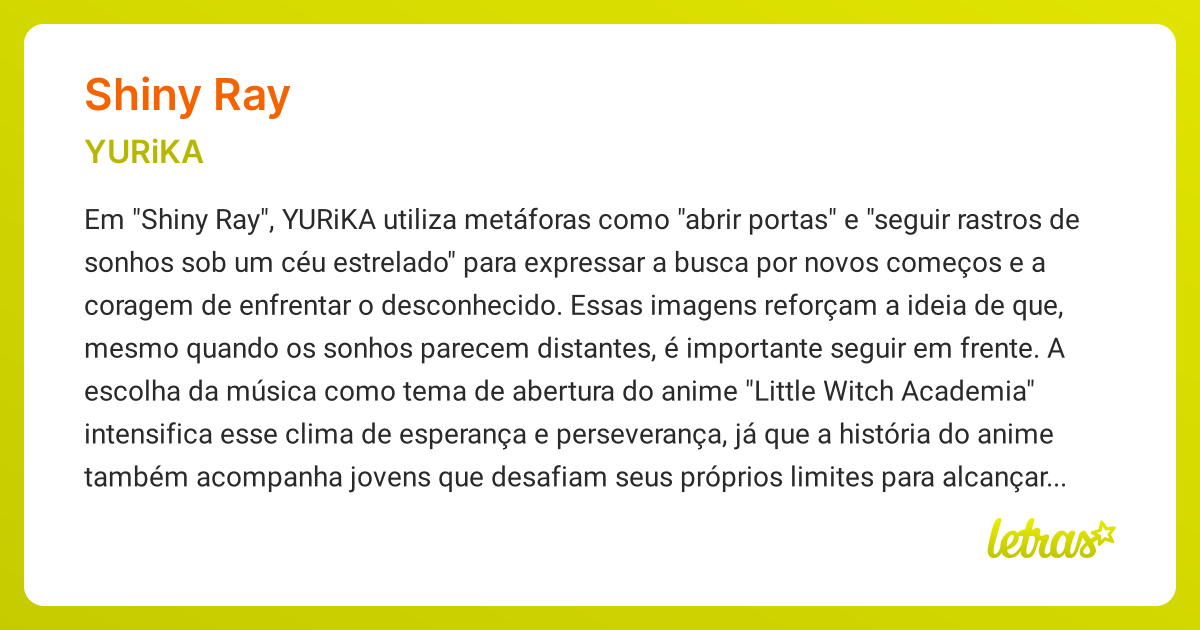 Significado da música SHINY RAY (YURiKA) - LETRAS.MUS.BR