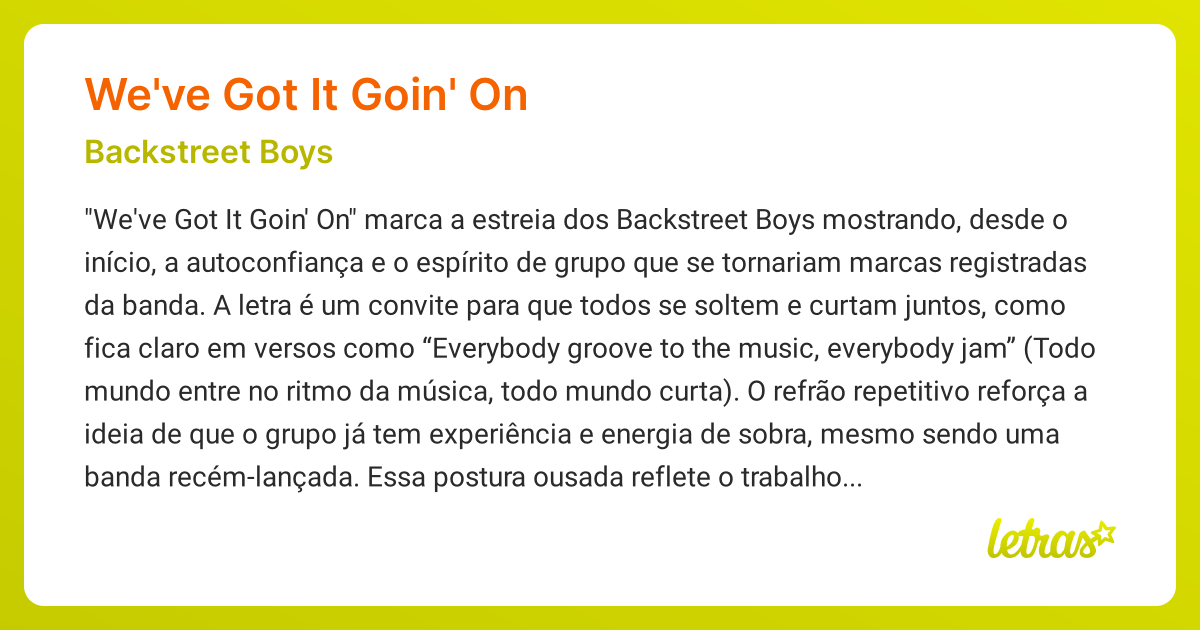 Significado da música WE'VE GOT IT GOIN' ON (Backstreet Boys) - LETRAS ...