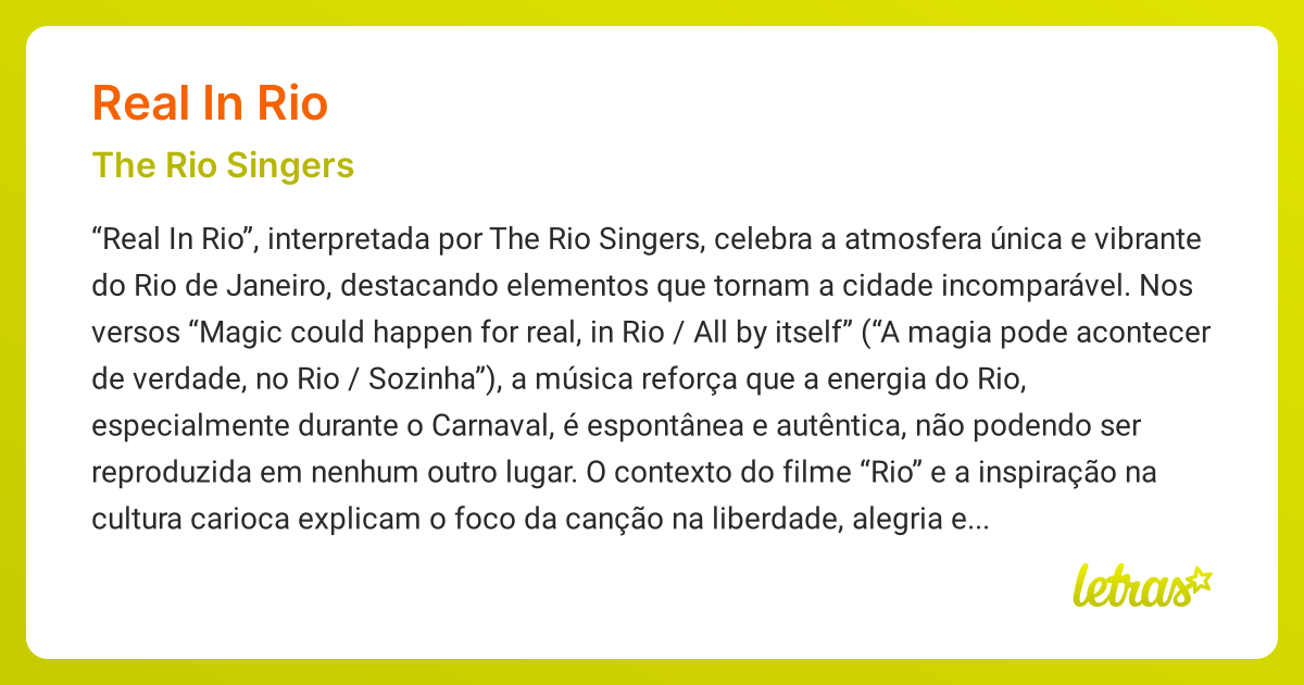 Significado da música REAL IN RIO (The Rio Singers) - LETRAS.MUS.BR