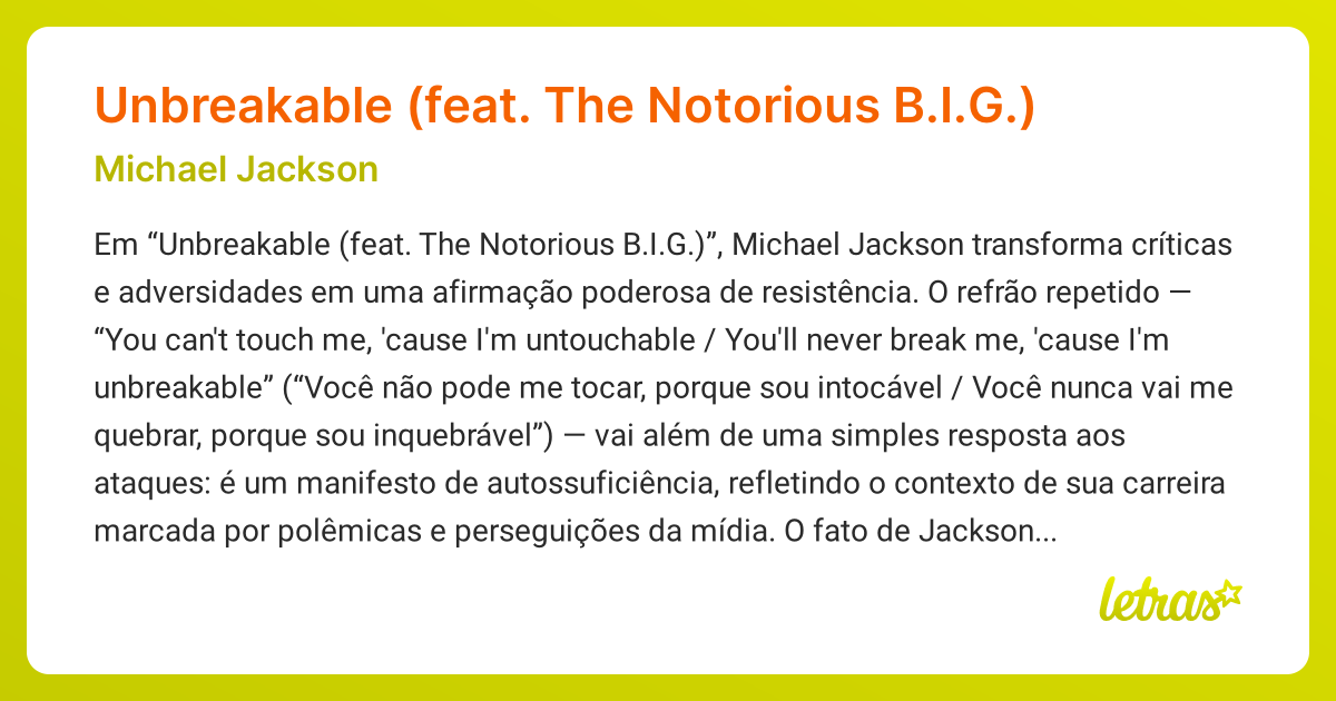 Significado da música Unbreakable (feat. The Notorious B.I.G.) (Michael ...