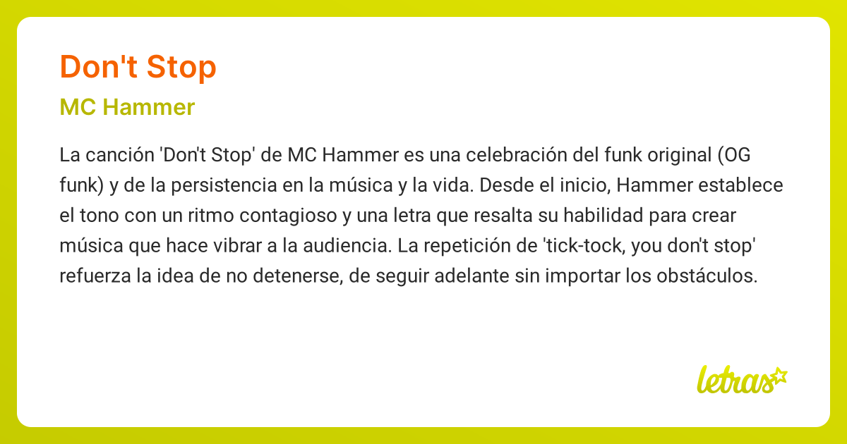 Significado de la canción DON'T STOP (MC Hammer) - LETRAS.COM
