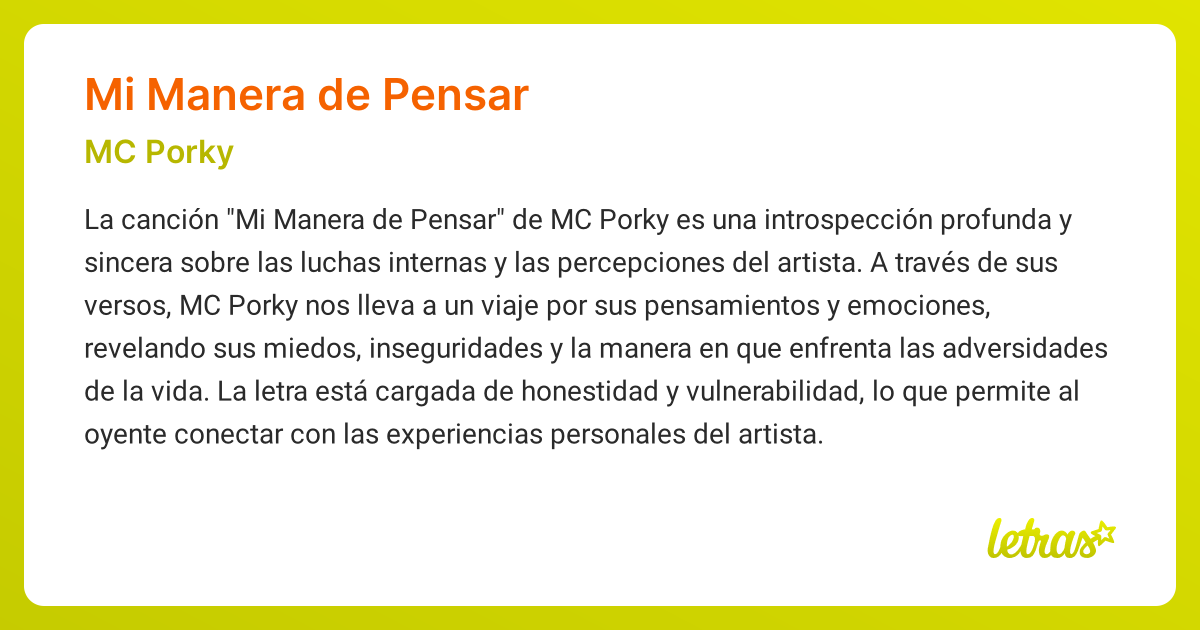 Significado de la canción MI MANERA DE PENSAR (MC Porky) - LETRAS.COM