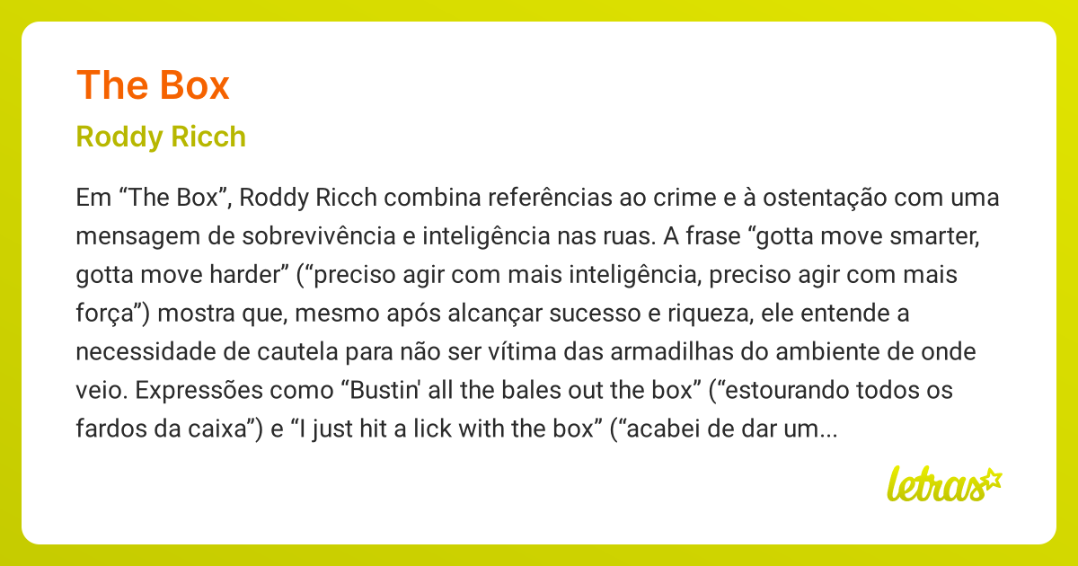 Significado da música THE BOX (Roddy Ricch) - LETRAS.MUS.BR