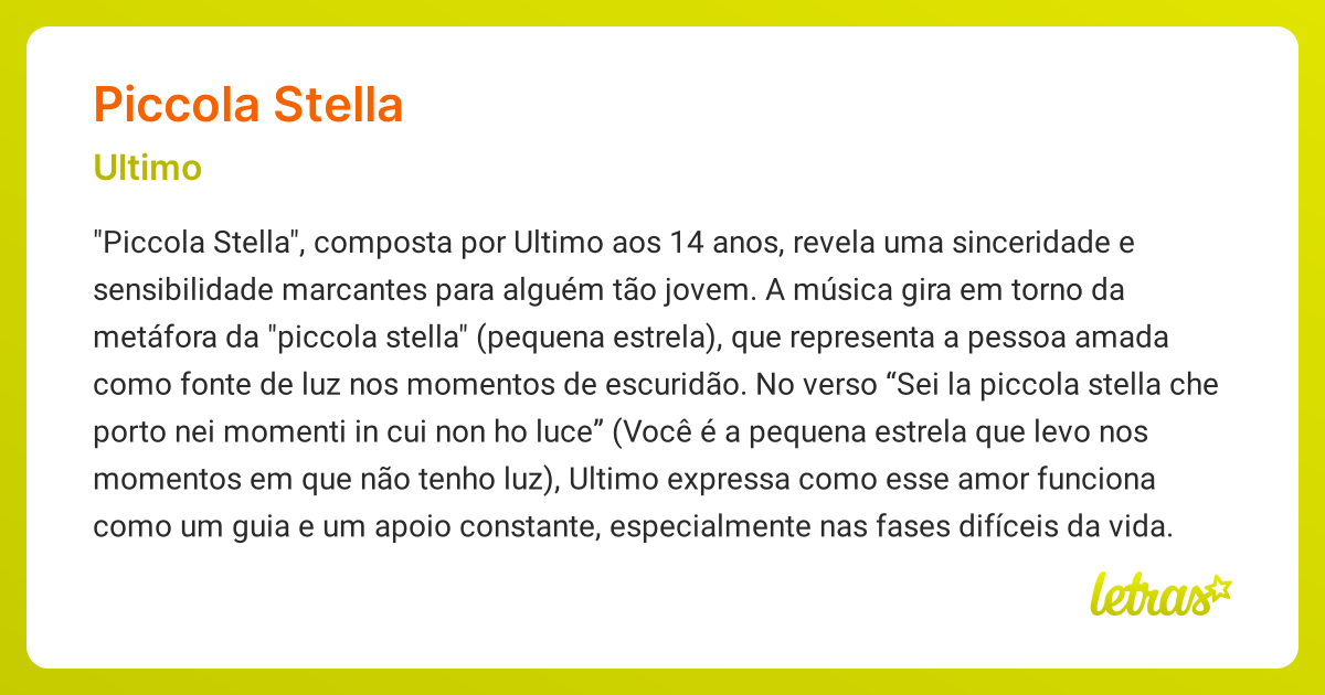 Significado da música PICCOLA STELLA (Ultimo) - LETRAS.MUS.BR