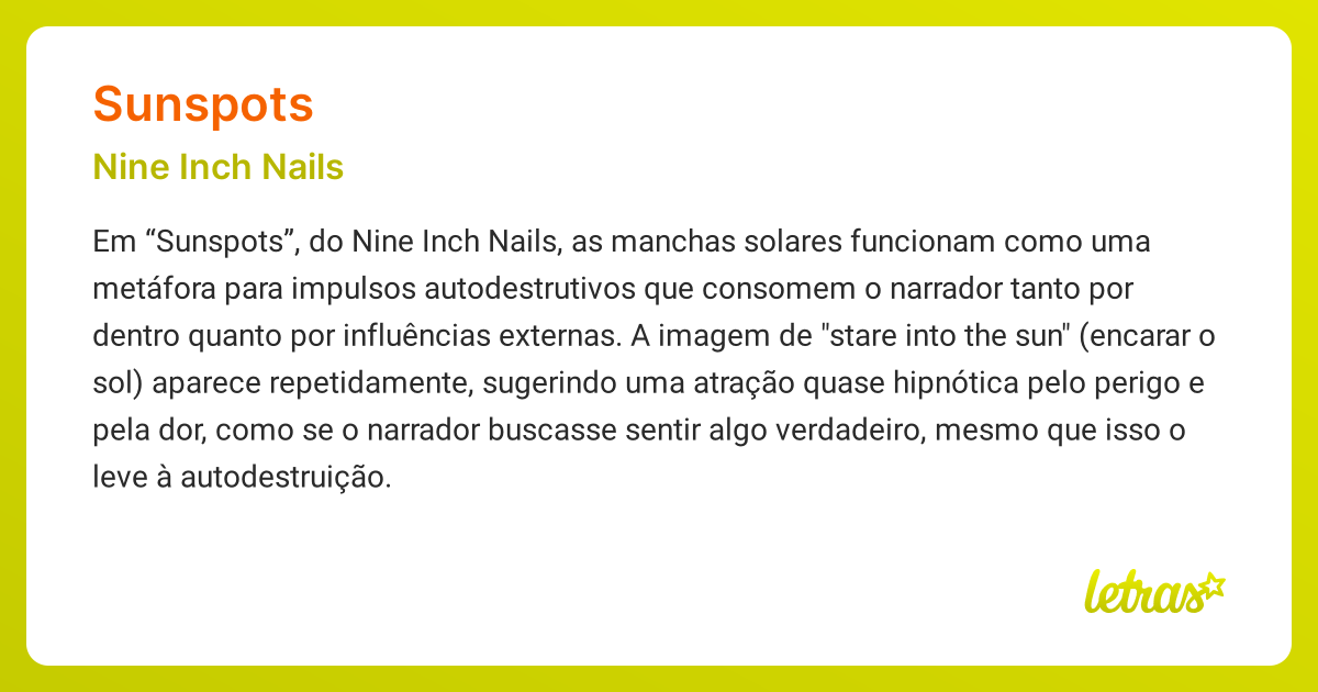 Significado da música SUNSPOTS (Nine Inch Nails) - LETRAS.MUS.BR