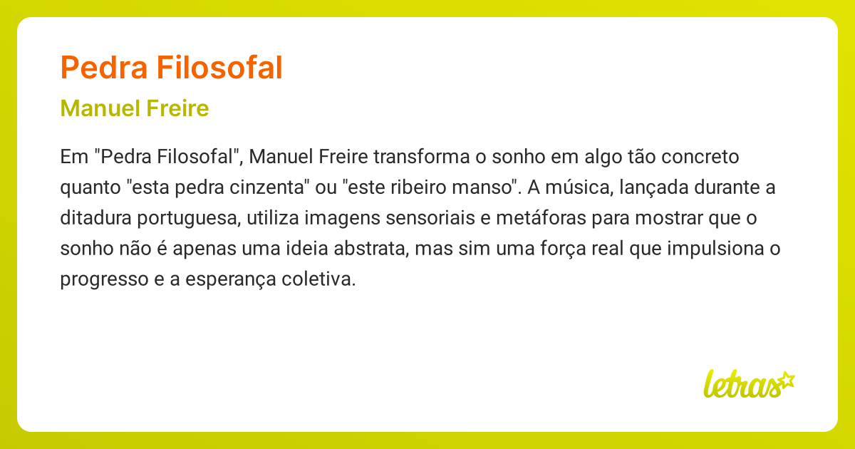 Significado da música PEDRA FILOSOFAL (Manuel Freire) - LETRAS.MUS.BR