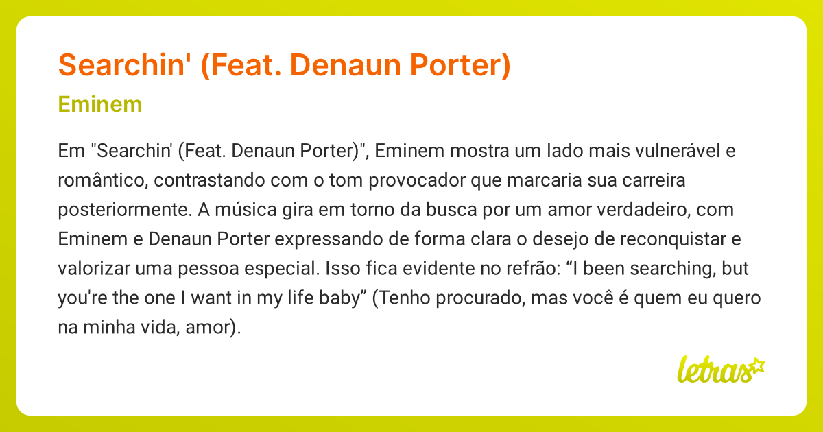 Significado da música Searchin' (Feat. Denaun Porter) (Eminem) - LETRAS ...