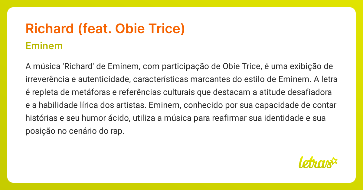 Significado da música RICHARD (FEAT. OBIE TRICE) (Eminem) - LETRAS.MUS.BR