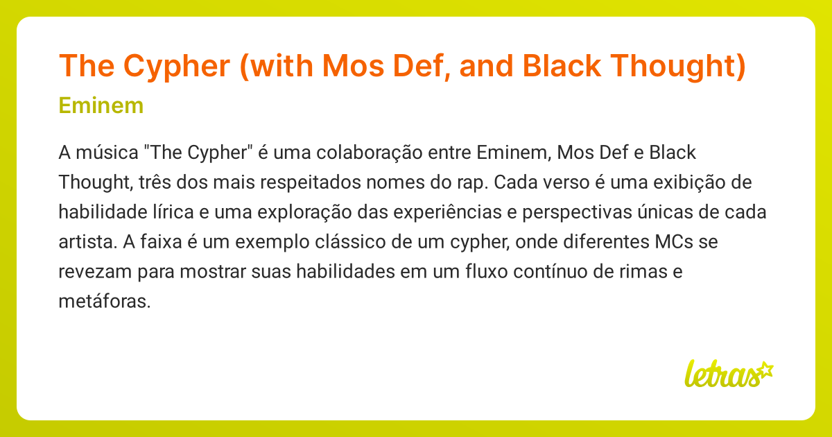 Significado da música The Cypher (with Mos Def, and Black Thought ...