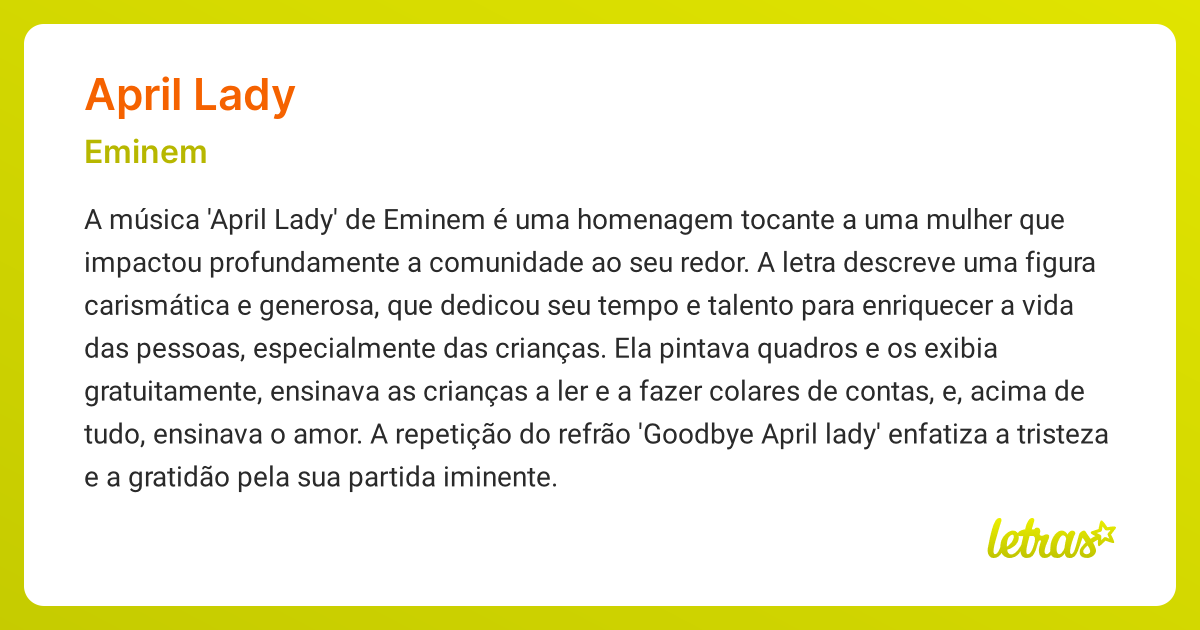 Significado da música APRIL LADY (Eminem) - LETRAS.MUS.BR
