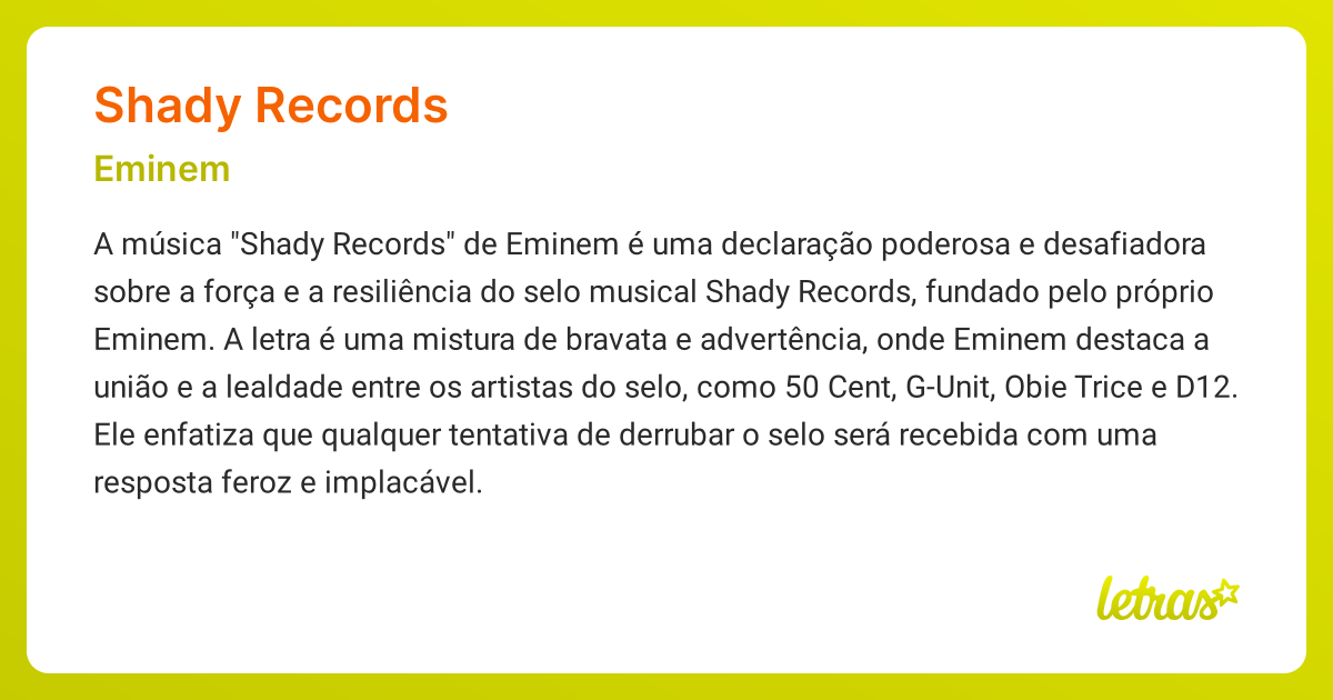 Significado da música SHADY RECORDS (Eminem) - LETRAS.MUS.BR