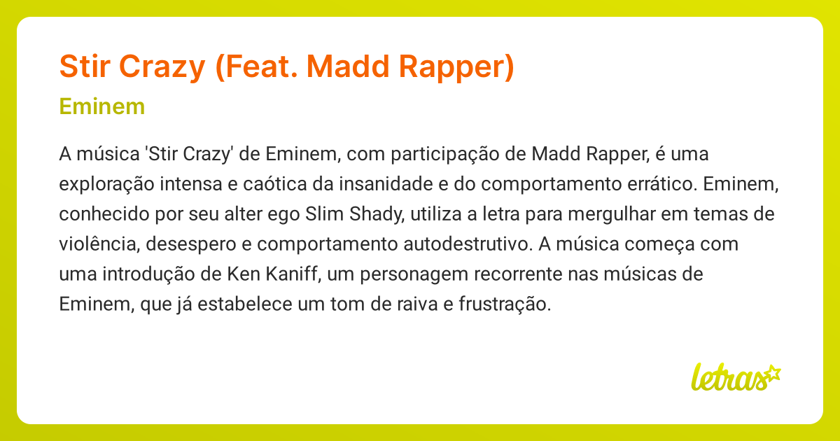 Significado da música STIR CRAZY (FEAT. MADD RAPPER) (Eminem) - LETRAS ...