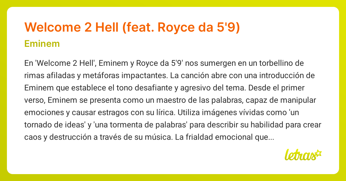 Significado de la canción Welcome 2 Hell (feat. Royce da 5'9) (Eminem) - LETRAS.COM